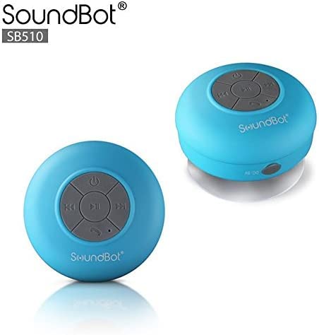 Soundbot SB510 Bluetooth Shower Speaker HD Water Resistant Bathroom Speakers, Handsfree Portable Speakerphone with Built-in Mic, 6hrs of Playtime, Control Buttons and Dedicated Suction Cup (Blue)