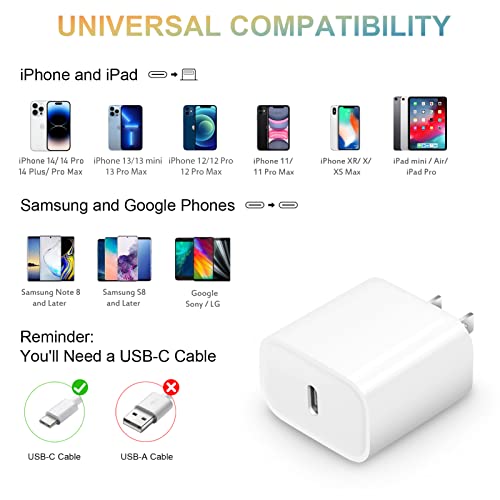 [3 Pack] USB C Wall Charger, iPhone Charger Block 20W PD Power Adapter Compatible with iPhone 14/14 Pro/14 Pro Max/14 Plus/13/12/11, iPad Pro, Google Pixel 7/6/5/4/3, Samsung Galaxy S22 S21 and More
