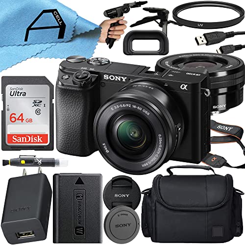 Sony Alpha a6100 Mirroless Digital Camera with E PZ 16-50mm OSS Lens + A-Cell Accessory Bundle Includes: SanDisk 64GB Memory Card + Case + Pistol Grip Tripod + Much More