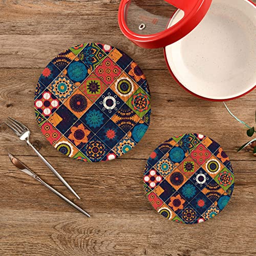 Kigai Classical Nation Flower Pot Holders Trivets Set 2 Pcs,Round 100% Cotton Braided Hot Pads for Hot Dishes Hot Pots and Pans/Kitchen Trivets