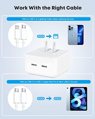 Apple Fast Charger, 40W Super Quick Dual USB C Wall Charger [Apple MFi Certified] Double Port Apple USB C Charger Foldable Plug with USB C to Lightning Cable and USB C to C Cable for iPhone, iPad
