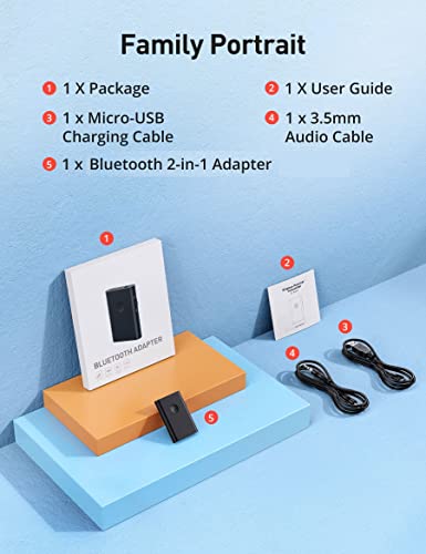 V5.0 Bluetooth Transmitter Receiver for TV PC, 2-in-1 AUX Audio Adapter, Wireless 3.5mm Bluetooth Adapter for Headphones/Car/Home Stereo/Switch/Speakers, Simultaneously Pair 2 Devices