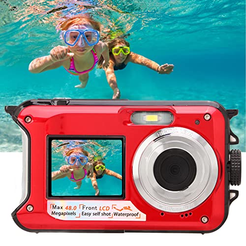 Dual Screens Waterproof Digital Camera, Full HD 2.7K 48MP 10ft 16X Digital Zoom Waterproof Dual Front and Rear Screen Digital Camera for Teenagers Beginners. (Red)