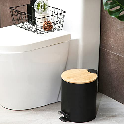 Aupekro Round Metal Trash Can with Bamboo lid and Pedal 5 Liter Garbage Container Bin with Removable Inner Wastebasket for Bathroom, Bedroom, Kitchen, Office (Black)