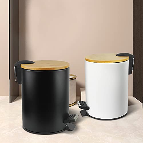 Aupekro Round Metal Trash Can with Bamboo lid and Pedal 5 Liter Garbage Container Bin with Removable Inner Wastebasket for Bathroom, Bedroom, Kitchen, Office (Black)