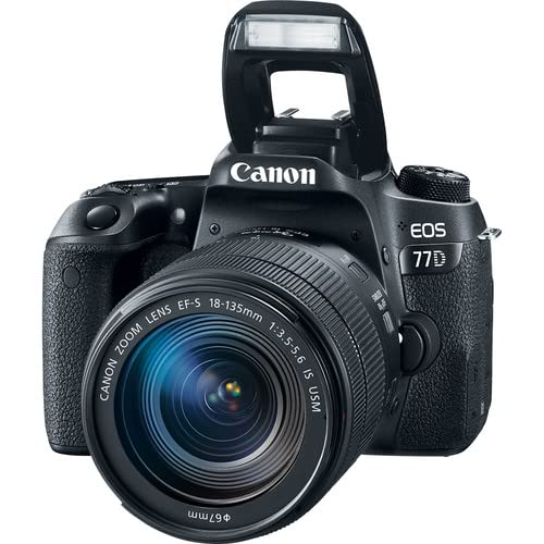 Canon EOS 77D DSLR Camera with 18-135mm USM Lens (1892C002) + 64GB Memory Card + Case + Card Reader + Flex Tripod + Hand Strap + Cap Keeper + Memory Wallet + Cleaning Kit (Renewed)