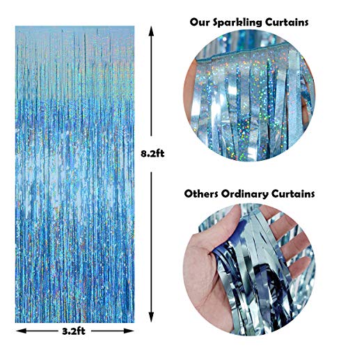 Foil Fringe Curtains Party Decorations - Melsan 3 Pack 3.2 x 8.2 ft Tinsel Curtain Party Photo Backdrop for Birthday Party Baby Shower or Graduation Decorations Light Blue