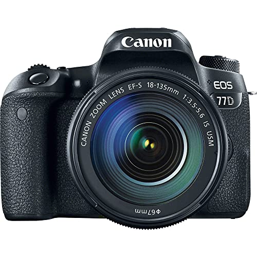 Canon EOS 77D DSLR Camera with 18-135mm USM Lens (1892C002) + 64GB Memory Card + Case + Card Reader + Flex Tripod + Hand Strap + Cap Keeper + Memory Wallet + Cleaning Kit (Renewed)