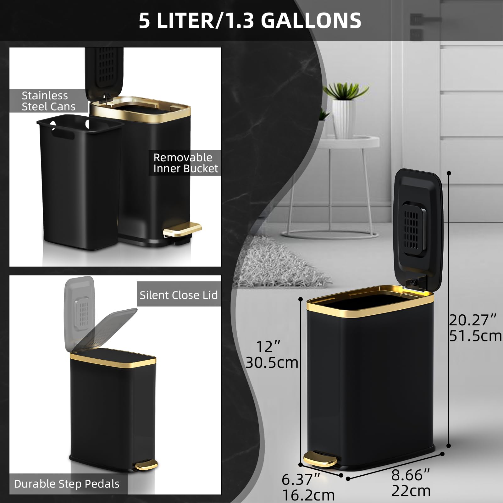CEROELDA Small Bathroom Trash Can with Lid Soft Close-5L/1.3 Gal Slim Garbage Can-Metal Step Wastebasket-Rectangle Narrow Waste Bin for Office, Bedroom, Toilet, Live Room-Black