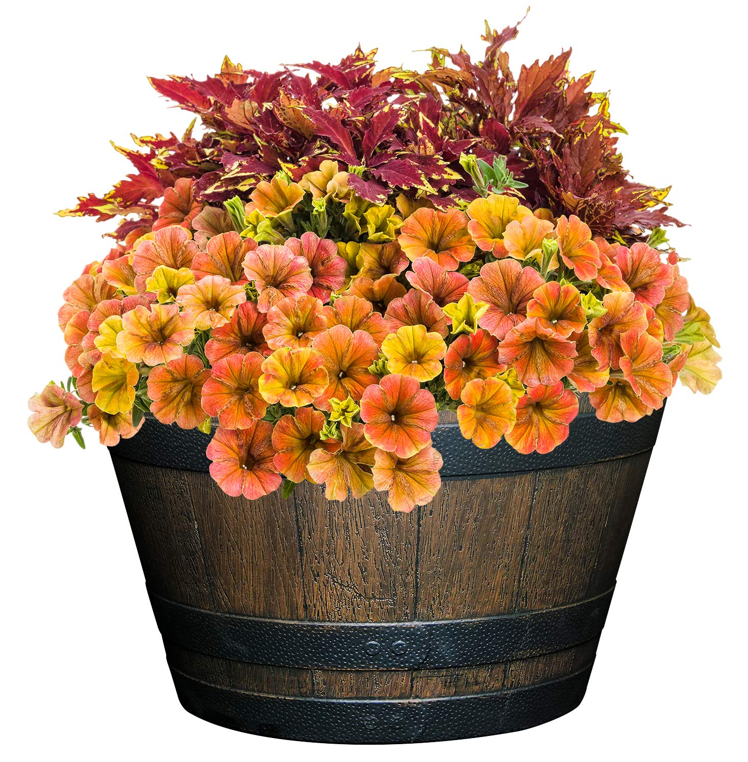 Classic Home and Garden Whiskey Plastic Resin Flower Pot Barrel Planter, Walnut Brown, 20.5" (Pack of 3)
