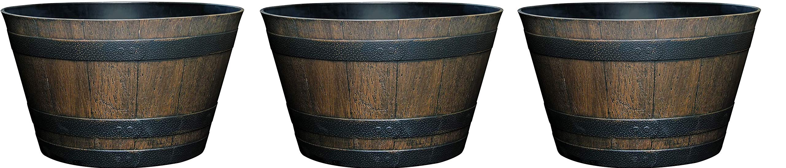 Classic Home and Garden Whiskey Plastic Resin Flower Pot Barrel Planter, Walnut Brown, 20.5" (Pack of 3)