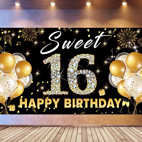 Sweet 16 Backdrop Birthday Decorations, Sweet Sixteen Photo Booth Props, Black Gold Happy 16th Birthday Party Decorations for Girls, Large Fabric 16th Birthday Backdrop Banner 71 * 43 inch PHXEY