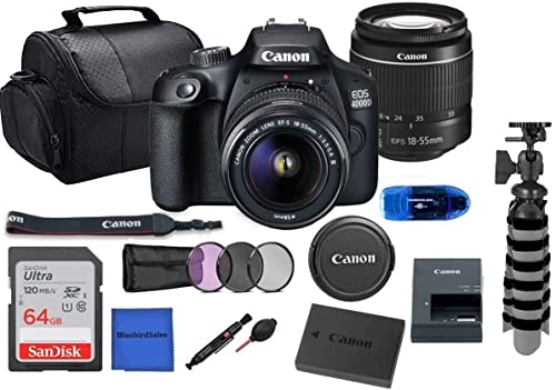 Camera EOS 4000D (Rebel T100) DSLR Camera w/EF-S 18-55mm F/3.5-5.6 Zoom Lens + Case + Sandisk 64GB Memory Card + 3pc Filter Kit + Tripod + Card Reader + Cleaning Kit (International Model)