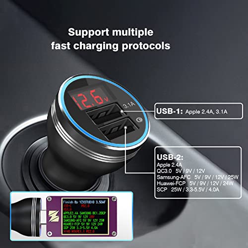 PSXROUKI Car Charger Adapter,5A/51W Dual USB Car Charger Fast Charging QC3.0 Metal Cigarette Lighter USB Charger Voltage Display Compatible with iPhone 11 Pro/8/7/6,iPad Pro, Galaxy Note 8/S8/S7/S6