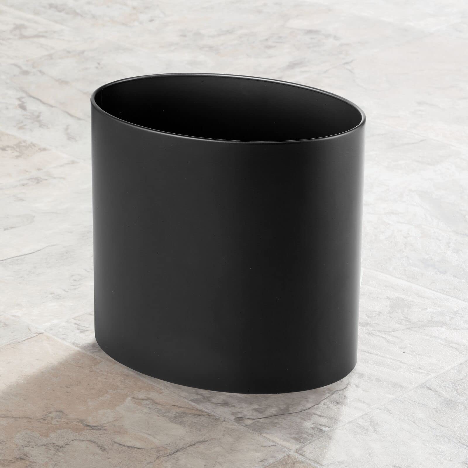mDesign Stainless Steel Metal Oval Trash Can, 7.9 Liter/2.09 Gallon Wastebasket, Garbage Basket Bin for Bathroom, Bedroom, Kitchen, Home Office, Holds Waste and Recycle, Mirri Collection, Black