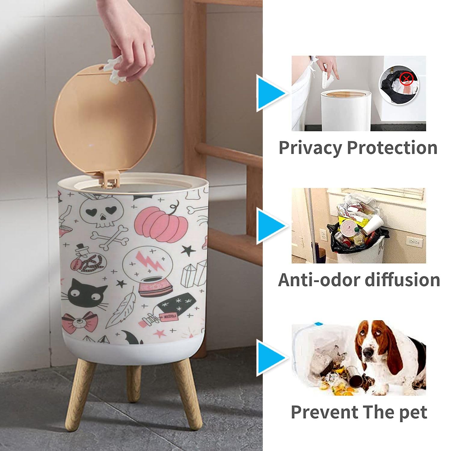 Small Trash Can with Lid for Bathroom Kitchen Office Diaper hand drawn seamless pattern Crystal bottles skull pastel Witching Bedroom Garbage Trash Bin Dog Proof Waste Basket Cute Decorative