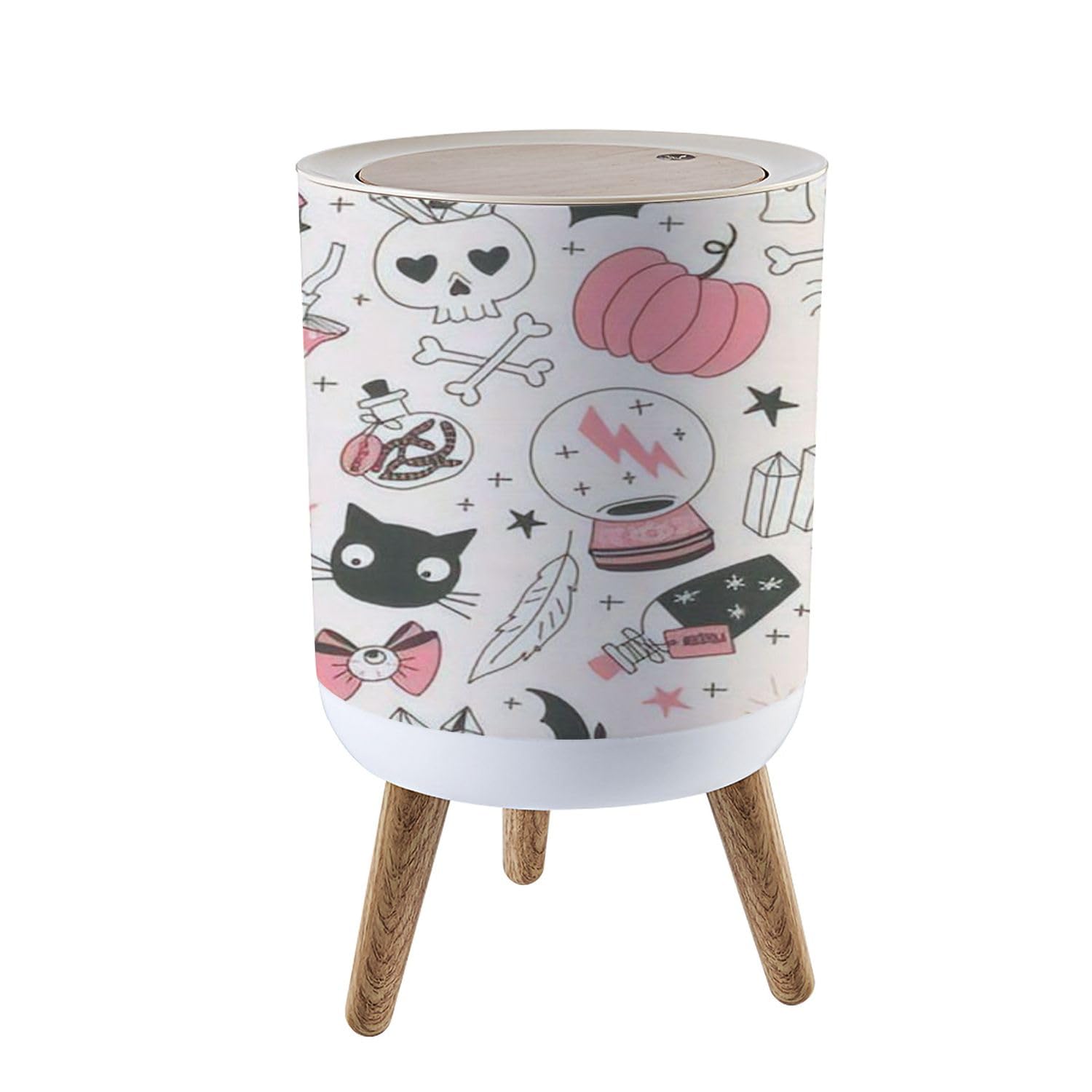 Small Trash Can with Lid for Bathroom Kitchen Office Diaper hand drawn seamless pattern Crystal bottles skull pastel Witching Bedroom Garbage Trash Bin Dog Proof Waste Basket Cute Decorative