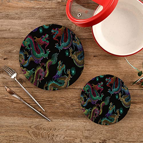 KEEPREAL Classic Embroidery Asian Dragon Trivet Pot Holder - Round Woven Potholders Set - Pure Cotton Braided Hot Pads - Coasters Table Mats for Cooking and Baking, 2-Pcs