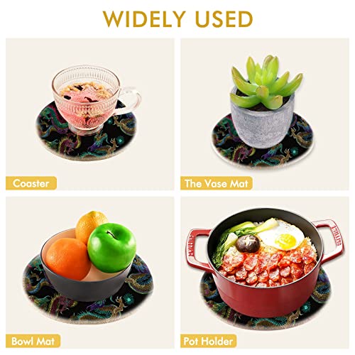KEEPREAL Classic Embroidery Asian Dragon Trivet Pot Holder - Round Woven Potholders Set - Pure Cotton Braided Hot Pads - Coasters Table Mats for Cooking and Baking, 2-Pcs