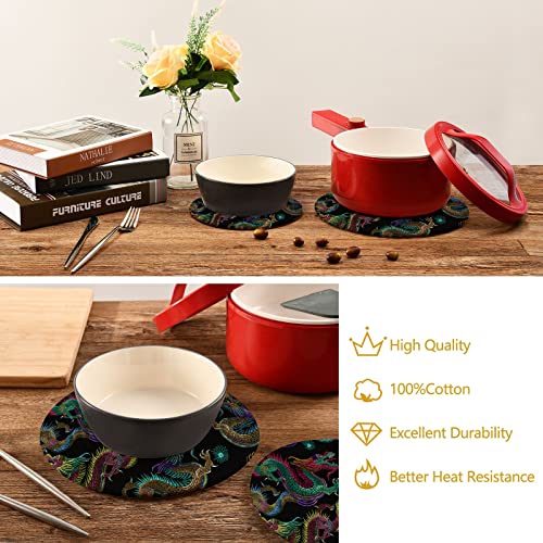KEEPREAL Classic Embroidery Asian Dragon Trivet Pot Holder - Round Woven Potholders Set - Pure Cotton Braided Hot Pads - Coasters Table Mats for Cooking and Baking, 2-Pcs