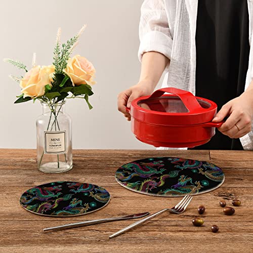 KEEPREAL Classic Embroidery Asian Dragon Trivet Pot Holder - Round Woven Potholders Set - Pure Cotton Braided Hot Pads - Coasters Table Mats for Cooking and Baking, 2-Pcs