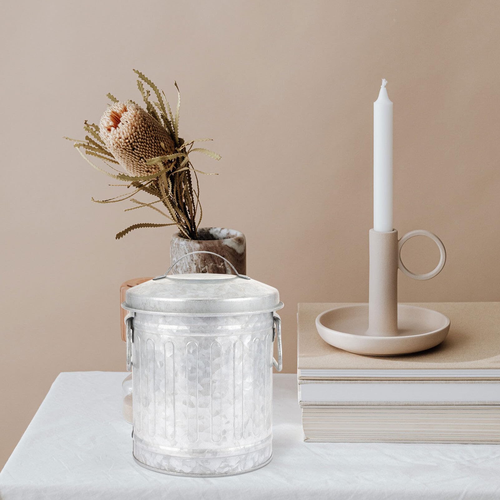 Cabilock Galvanized Trash Can Bucket with Lid Mini Desktop Wastebasket Rubbish Bin Garbage Waste Basket Vintage Farmhouse Metal Utility Pail Flower Pot Pen Pencil Holder L