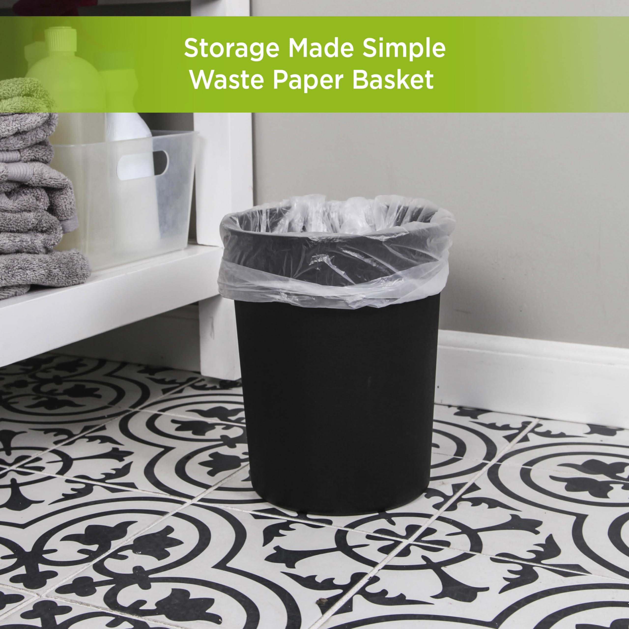 Kenney KN83001 Storage Made Simple 1.53 Gallon (5.7 Liter) Small Open Top Rust-Proof Plastic Waste Basket/Trash Can/Garbage Can for Bathroom, Bedroom, Home Office, Laundry Room, or Dorms, Black