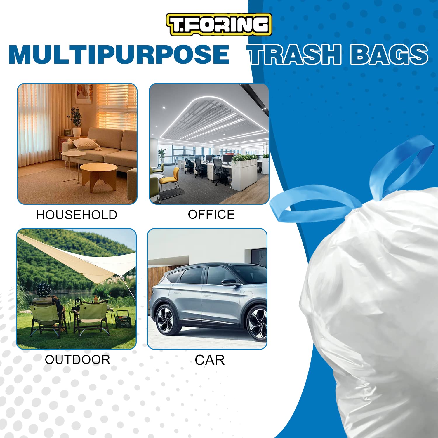 T.FORING 4 Gallon Trash Bags Drawstring 1.1 Mil - 120 Count White Small Garbage Bags Unscented for Bathroom, 15 Liter Thick Plastic Wastebasket Liners for Toilet Home Office and Bedroom