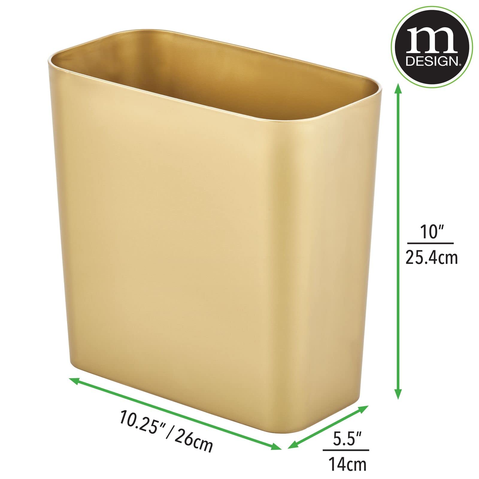 mDesign Small Plastic 1.8 Gallon Trash Can Wastebasket Garbage Bin for Bathroom - Slim Rubbish Waste Bin Trashcan for Master/Guest Bath, Bedroom, Kitchen, Laundry Room, Casi Collection, Soft Brass