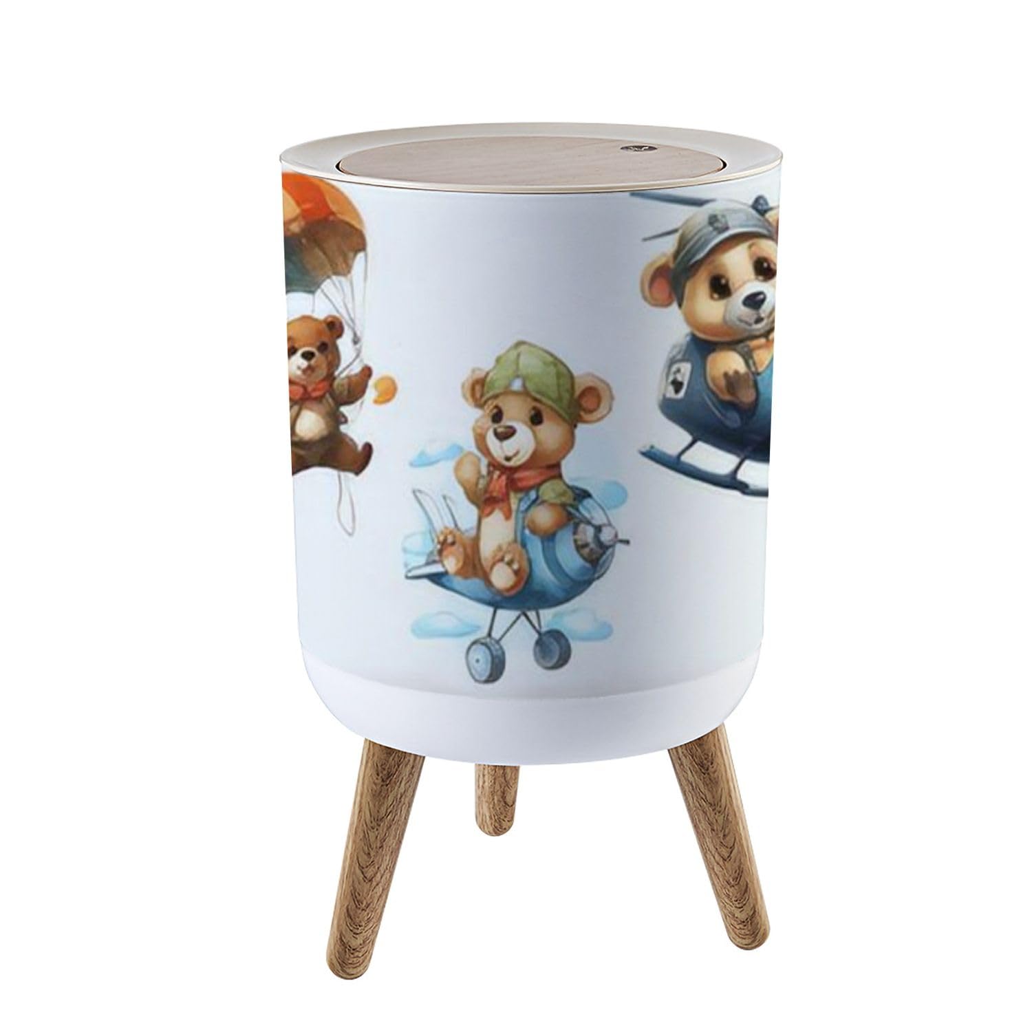 LGCZNWDFHTZ Small Trash Can with Lid for Bathroom Kitchen Office Diaper Animal Set Bear Flies a Parachute Helicopter 3D Style Bedroom Garbage Trash Bin Dog Proof Waste Basket Cute Decorative