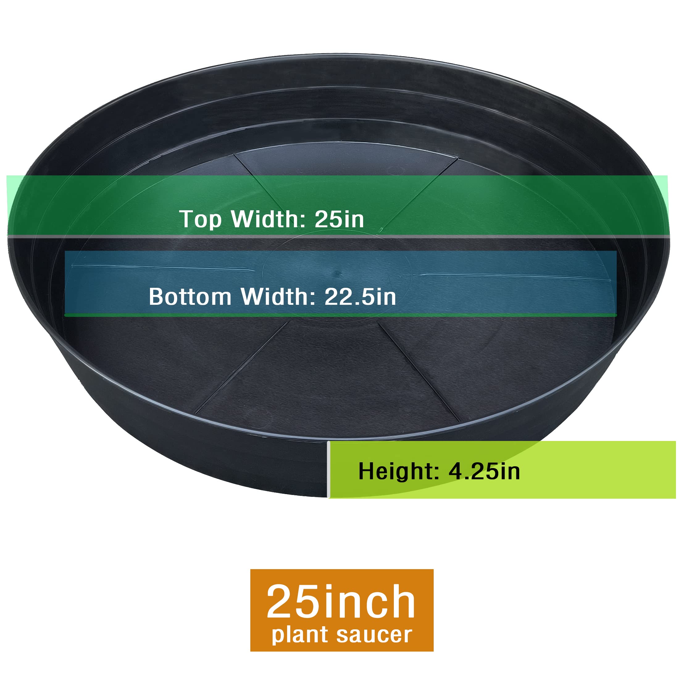 25 Inch Extra Large Plant Saucers, Extra-Deep 4.25 in Black Drip Trays for Flower Pot, Heavy Duty Drainage Tray Indoors No Holes, 2 Pack Plastic Planter Plate Water Catcher for Pots Base 20 21 22 in