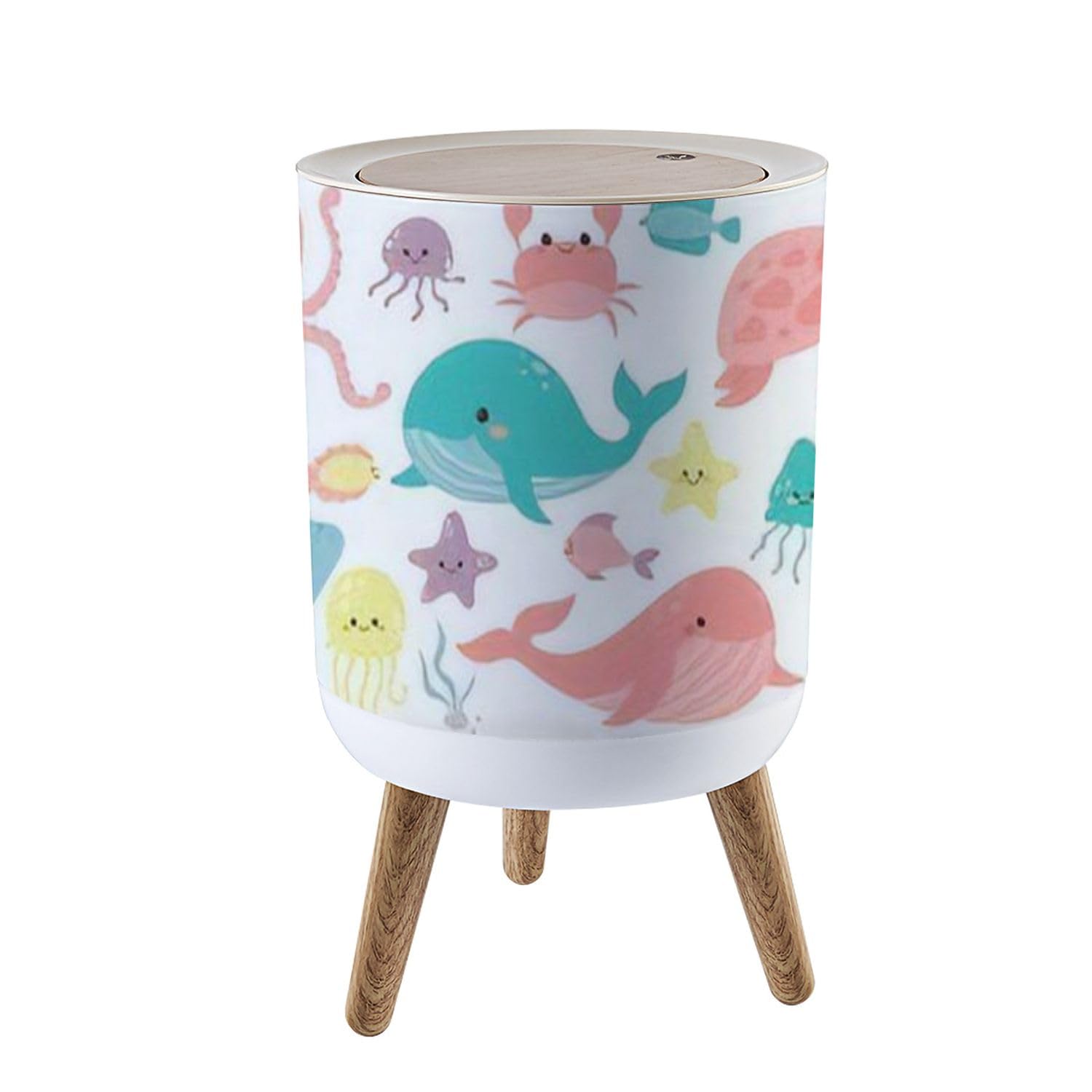 LGCZNWDFHTZ Small Trash Can with Lid for Bathroom Kitchen Office Diaper Cute Set sea Animals Collection Fish Crab Jellyfish Stingray Bedroom Garbage Trash Bin Dog Proof Waste Basket Cute Decorative
