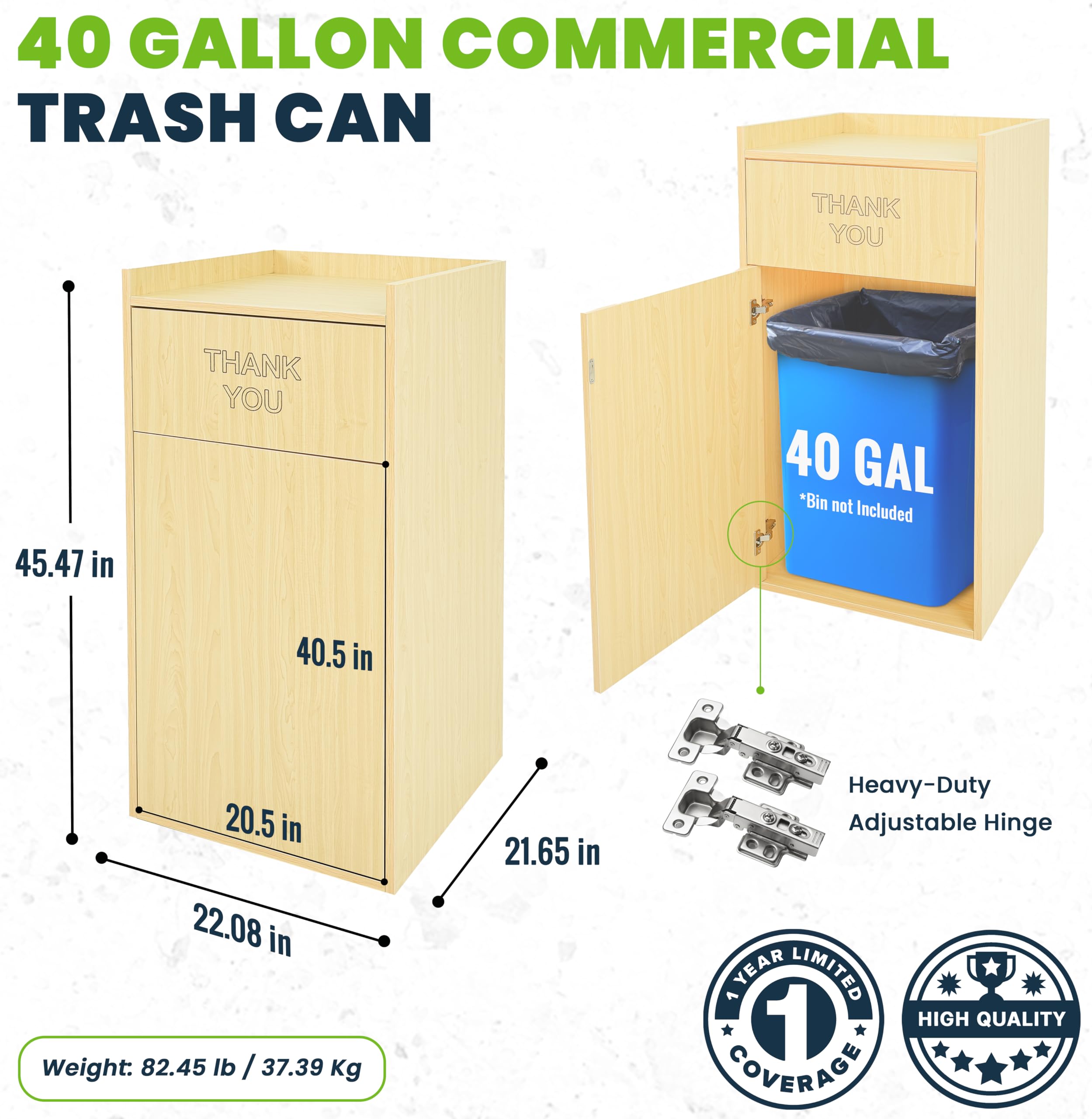 Alpine Restaurant Trash Can Cabinet with Tray Holder - Thank You Trash Can, Commercial Trash Can 40 Gallon Garbage Can Cabinet for Restaurants, Cafeterias (Oak)