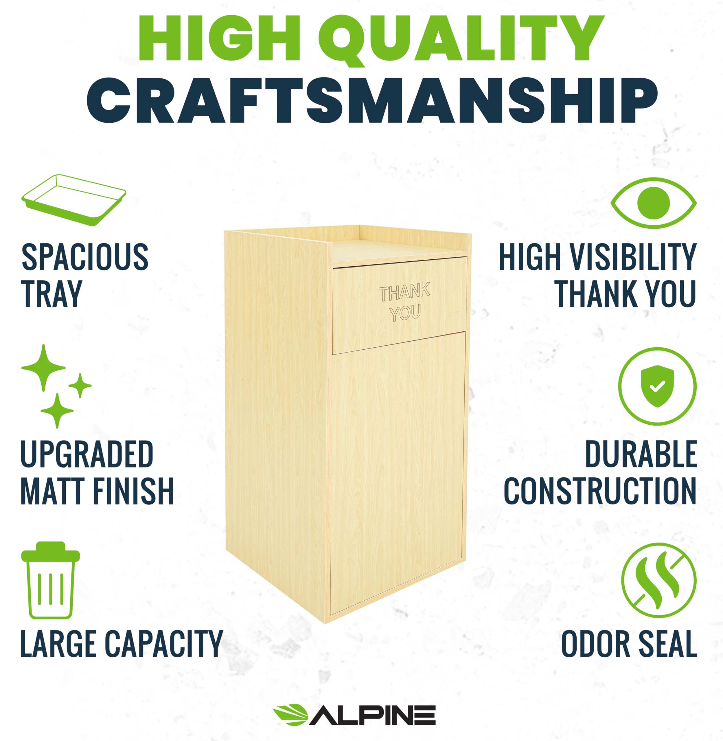 Alpine Restaurant Trash Can Cabinet with Tray Holder - Thank You Trash Can, Commercial Trash Can 40 Gallon Garbage Can Cabinet for Restaurants, Cafeterias (Oak)
