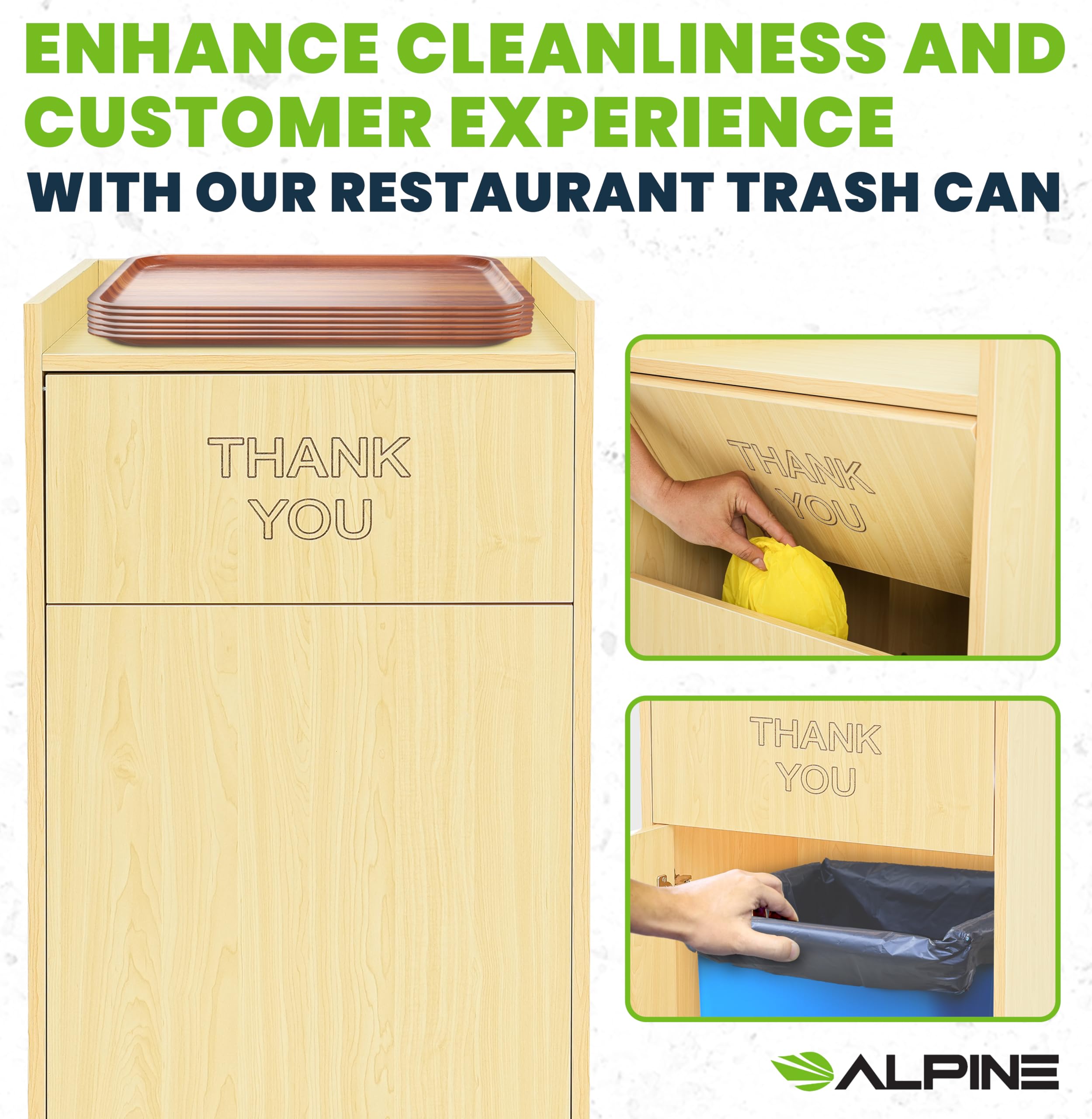 Alpine Restaurant Trash Can Cabinet with Tray Holder - Thank You Trash Can, Commercial Trash Can 40 Gallon Garbage Can Cabinet for Restaurants, Cafeterias (Oak)