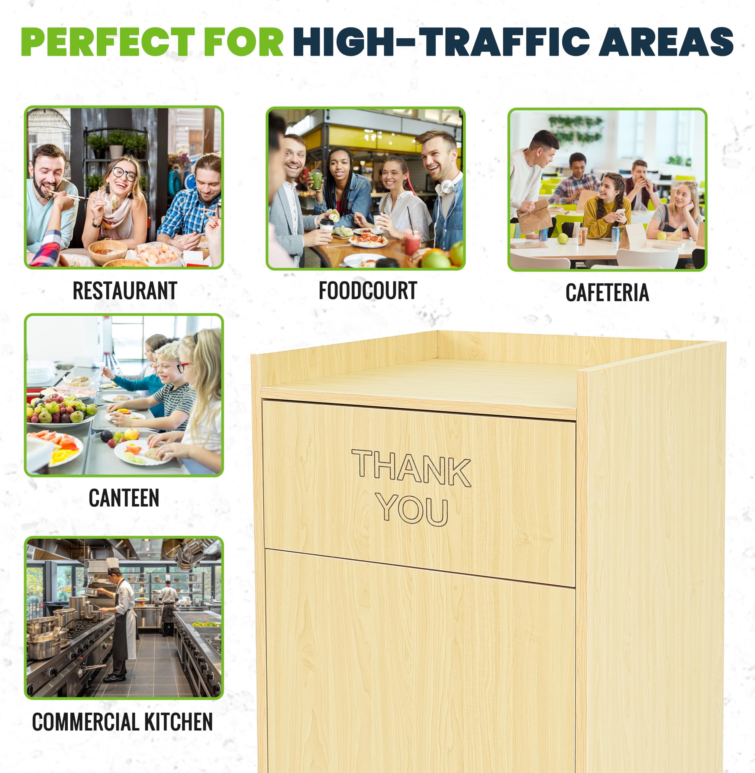 Alpine Restaurant Trash Can Cabinet with Tray Holder - Thank You Trash Can, Commercial Trash Can 40 Gallon Garbage Can Cabinet for Restaurants, Cafeterias (Oak)