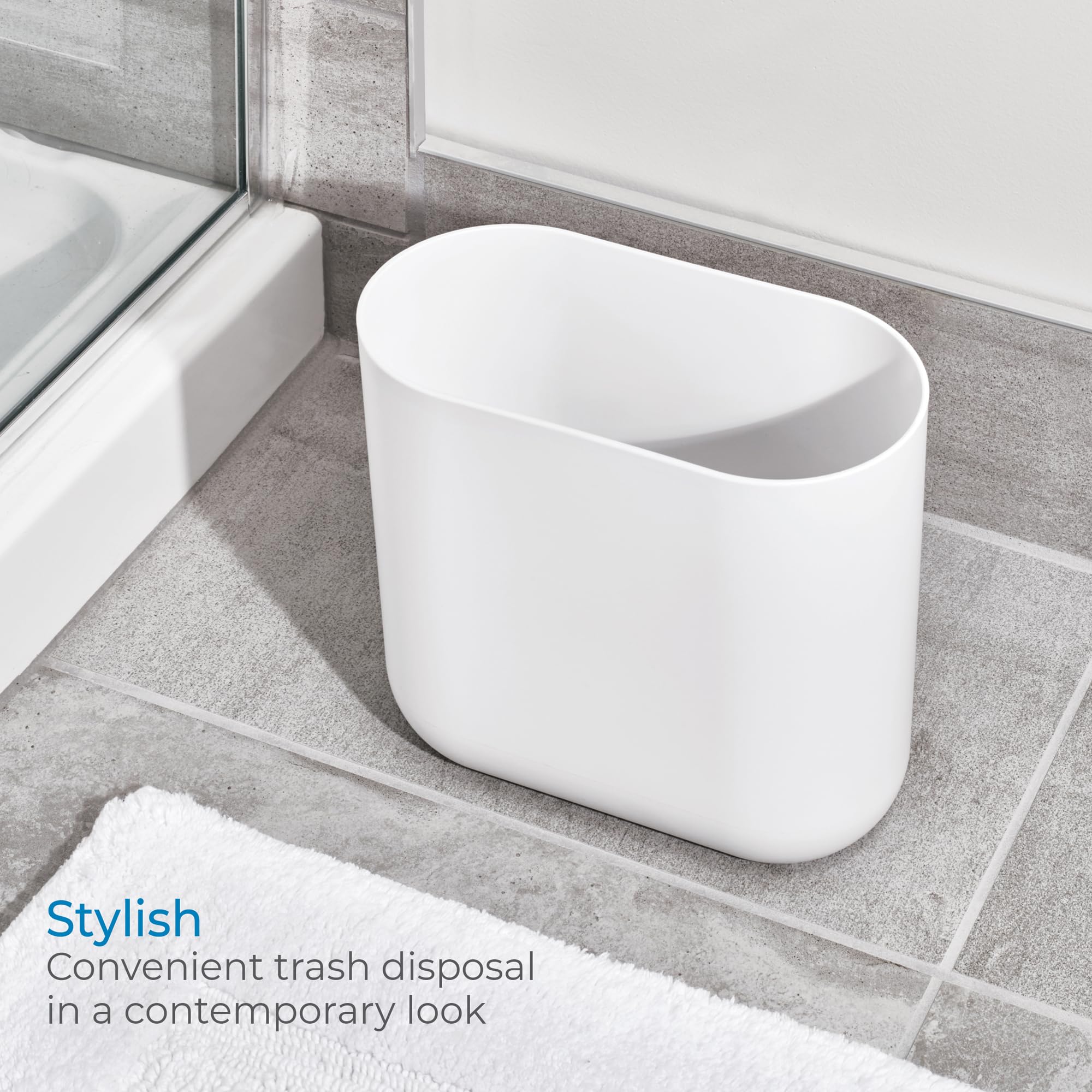 iDesign Slim Oval Plastic Waste Basket The Cade Collection, 10.56” x 5.5” x 9.77”, White