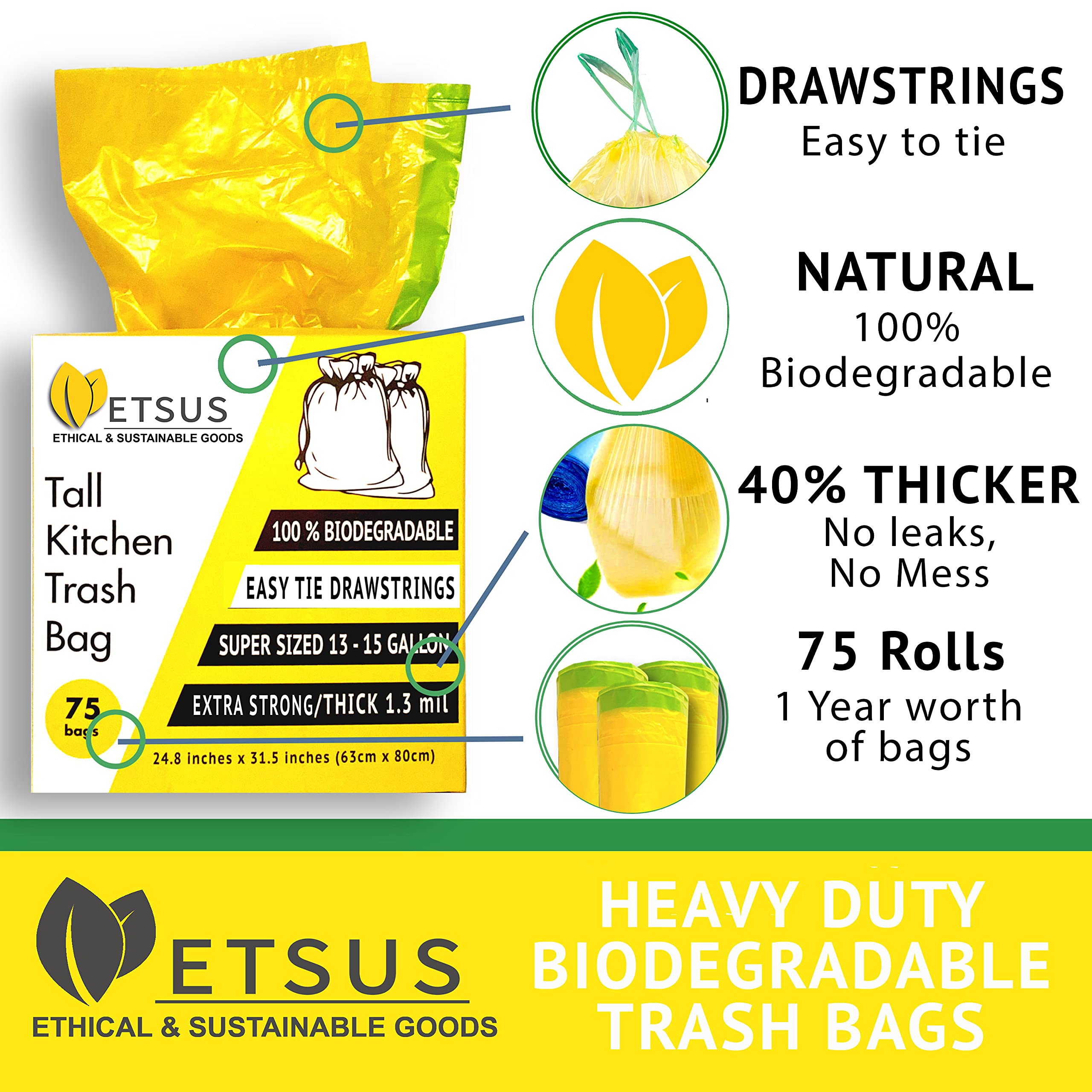 Biodegradable Trash Bags for 13 Gallon | 50 Liter Bin, Plant Based - 75 Count, Tall Kitchen Compost Bags with Drawstrings - Green Garbage Bags - 1.3 mil Thick Heavy Duty and Eco Friendly Trash Bags