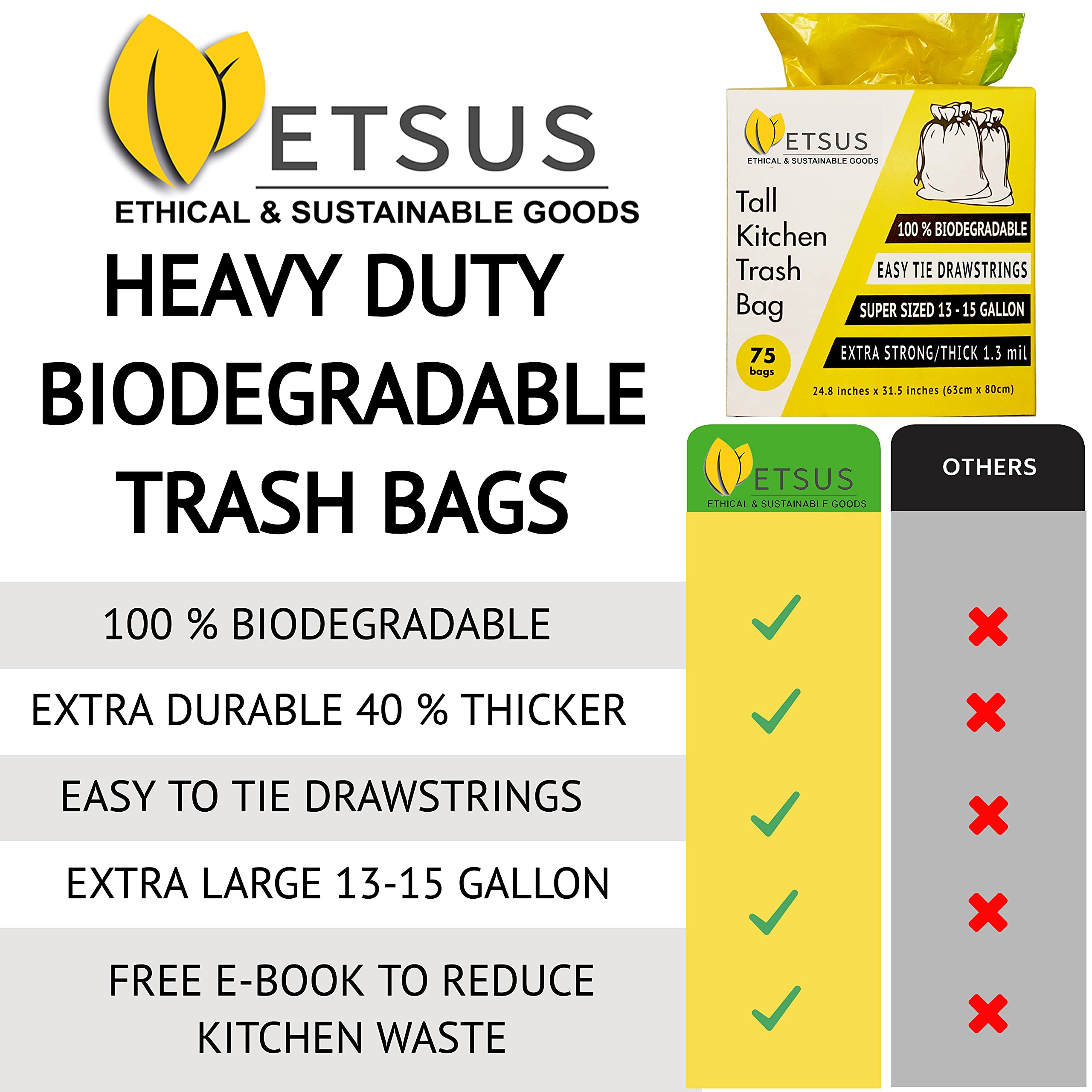 Biodegradable Trash Bags for 13 Gallon | 50 Liter Bin, Plant Based - 75 Count, Tall Kitchen Compost Bags with Drawstrings - Green Garbage Bags - 1.3 mil Thick Heavy Duty and Eco Friendly Trash Bags