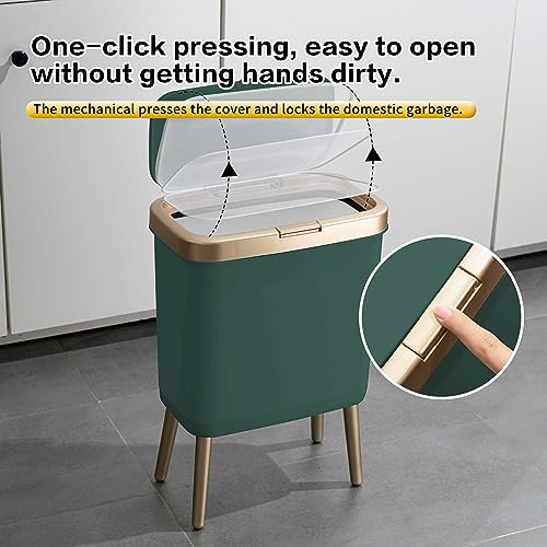 JOSUCLEN Bathroom Trash Can with Lid, Modern Bedroom Garbage Can with Gold Edge, 4 Gallon Trash Bin Plastic Waste can for Office, Narrow Garbage Can with Legs
