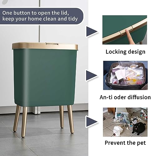 JOSUCLEN Bathroom Trash Can with Lid, Modern Bedroom Garbage Can with Gold Edge, 4 Gallon Trash Bin Plastic Waste can for Office, Narrow Garbage Can with Legs