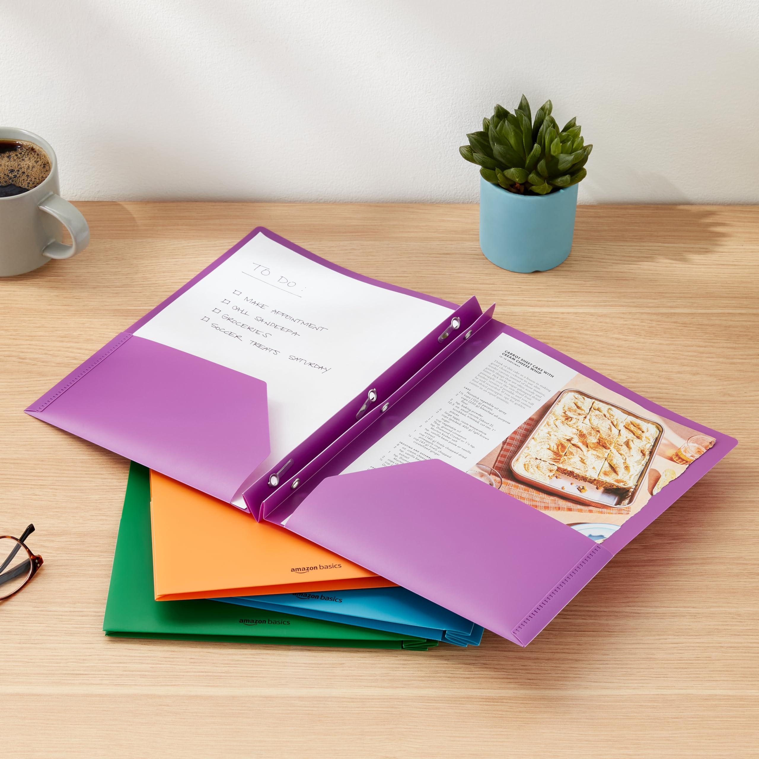Amazon Basics Heavy Duty Plastic Folders with 2 Pockets for Letter Size Paper, Pack of 12