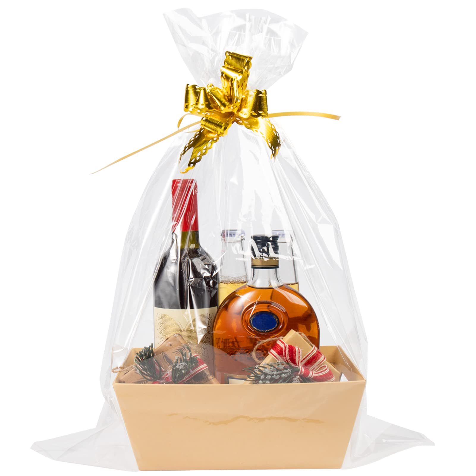 6 Pack Baskets for Gifts Empty- Large Sturdy Kraft Gift Basket Kit with Pull Bows and Clear Gift Bags for Christmas Wedding Birthday Party Gift Wrapping