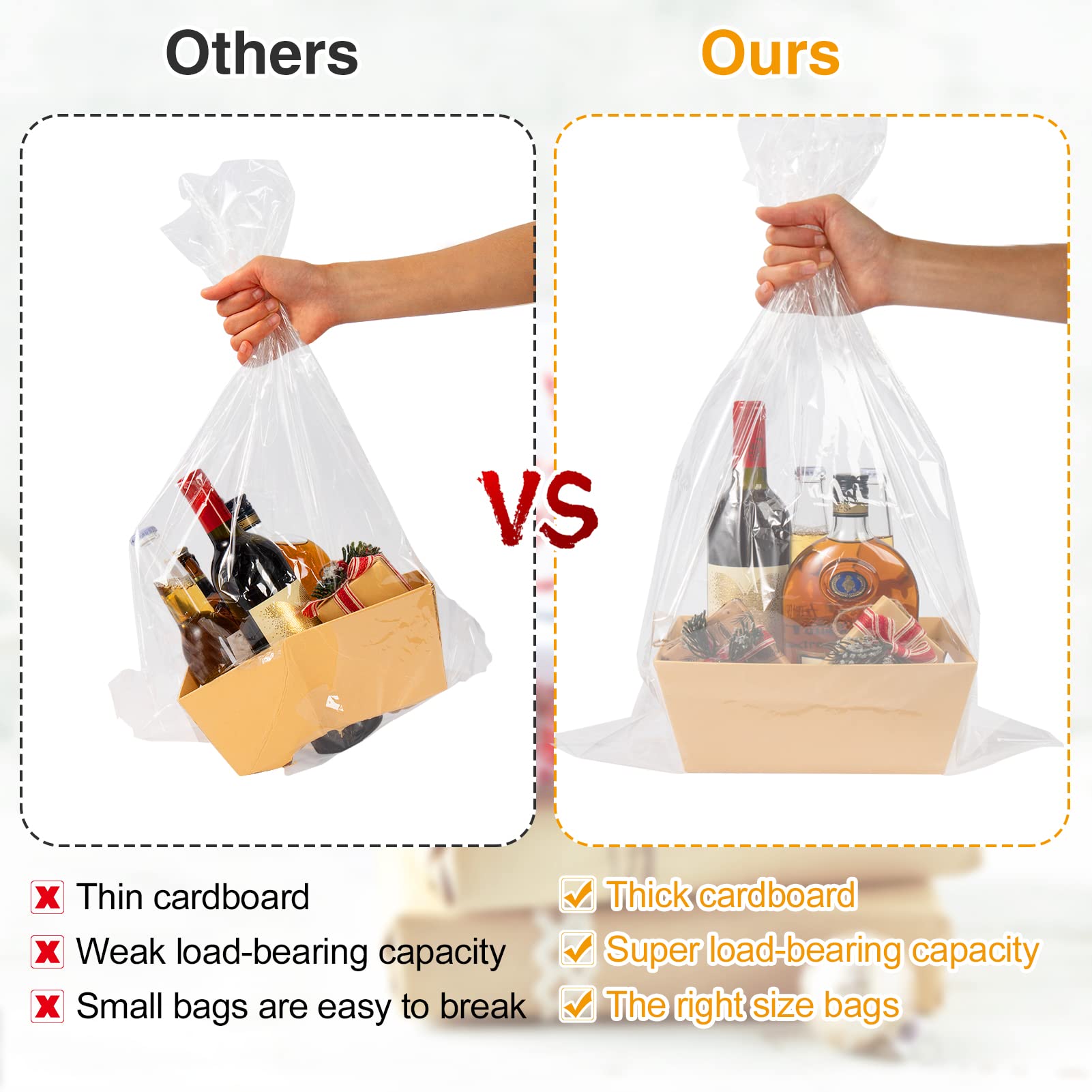 6 Pack Baskets for Gifts Empty- Large Sturdy Kraft Gift Basket Kit with Pull Bows and Clear Gift Bags for Christmas Wedding Birthday Party Gift Wrapping