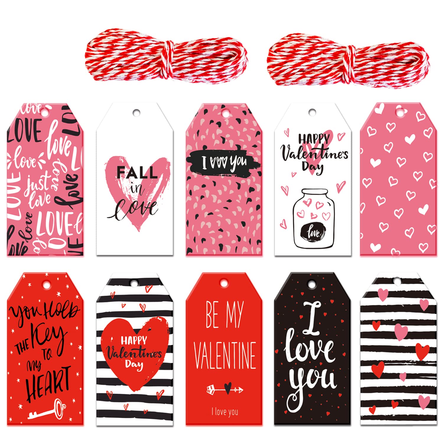Doumeny 150PCS 10 Style Valentine Day Paper Gift Tags Red Pink Black Holiday Hanging Labels Gift Label Tags with 98 Feet Twines for DIY Crafts Valentines Theme Party Wedding Courtship Gift Wrapping