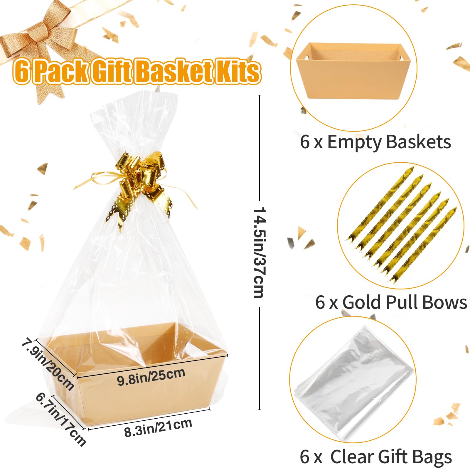 6 Pack Baskets for Gifts Empty- Large Sturdy Kraft Gift Basket Kit with Pull Bows and Clear Gift Bags for Christmas Wedding Birthday Party Gift Wrapping