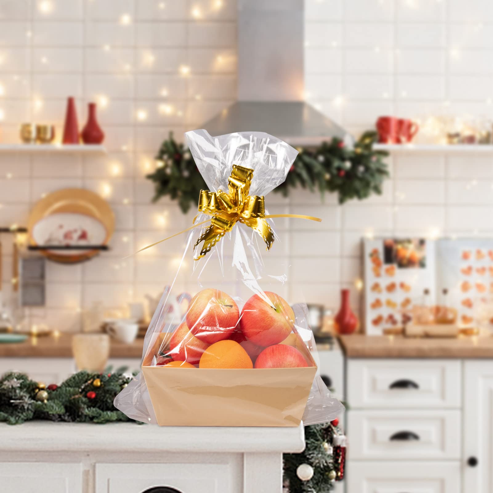 6 Pack Baskets for Gifts Empty- Large Sturdy Kraft Gift Basket Kit with Pull Bows and Clear Gift Bags for Christmas Wedding Birthday Party Gift Wrapping