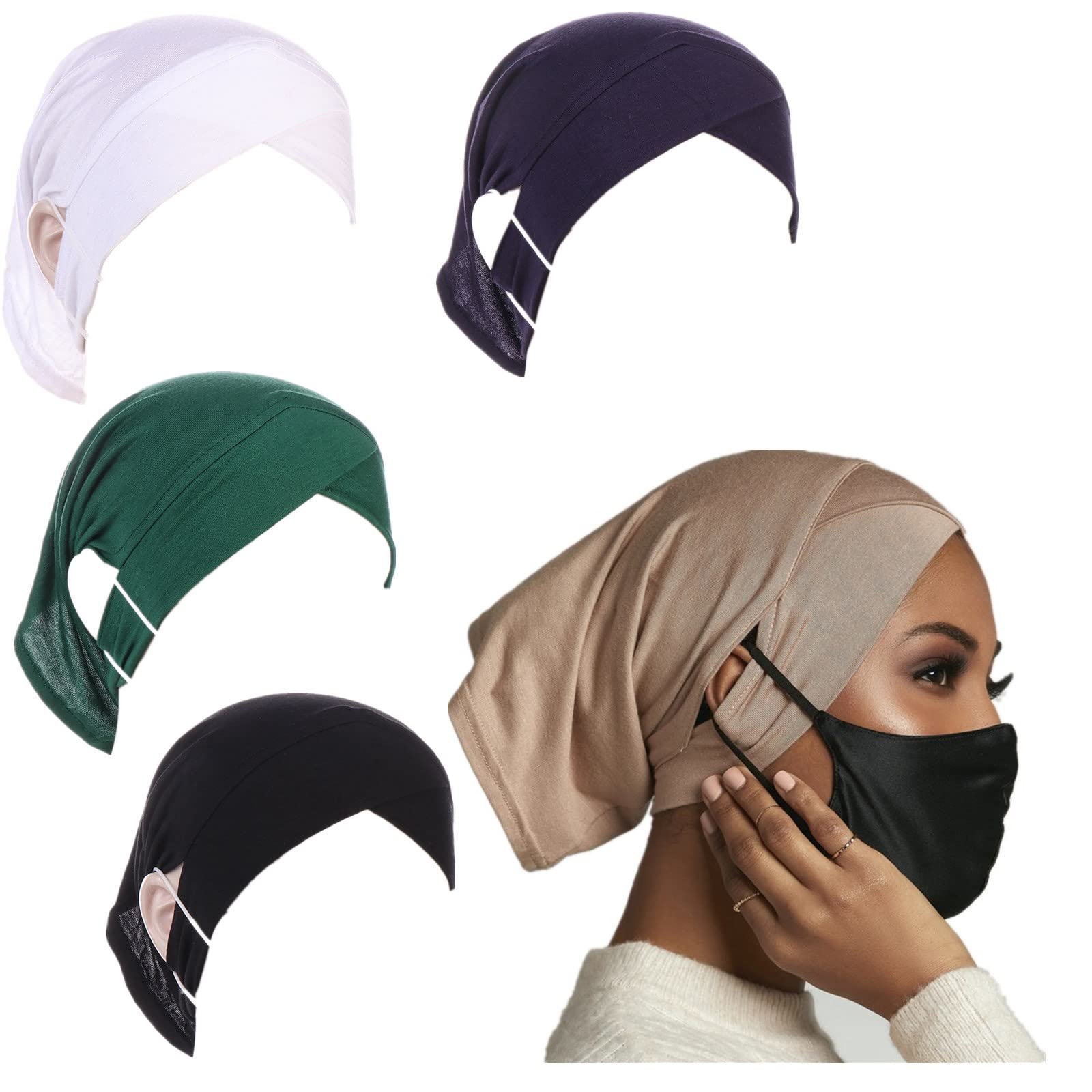 4 Pieces Muslim Under Scarf with Ear Hole Stretch Jersey Inner Hijabs Tube Caps for Islamic Women Turban Bonnet…