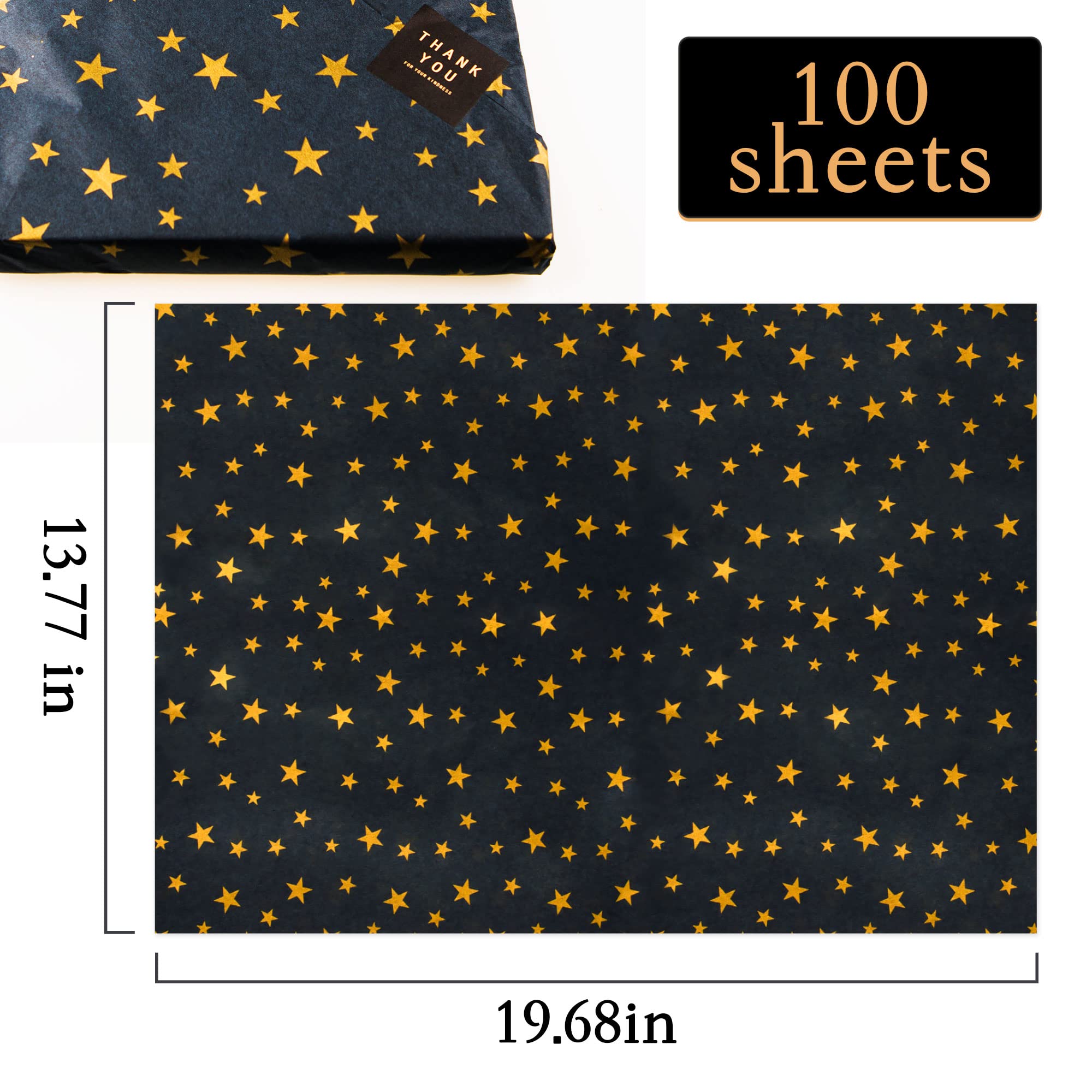 MR FIVE 100 Sheets Black with Gold Star Tissue Paper Bulk,20" x 14",Black Gold Star Tissue Paper for Gift Bags,Star Tissue Paper for Gift Wrapping,Birthday,Weddings,Holiday