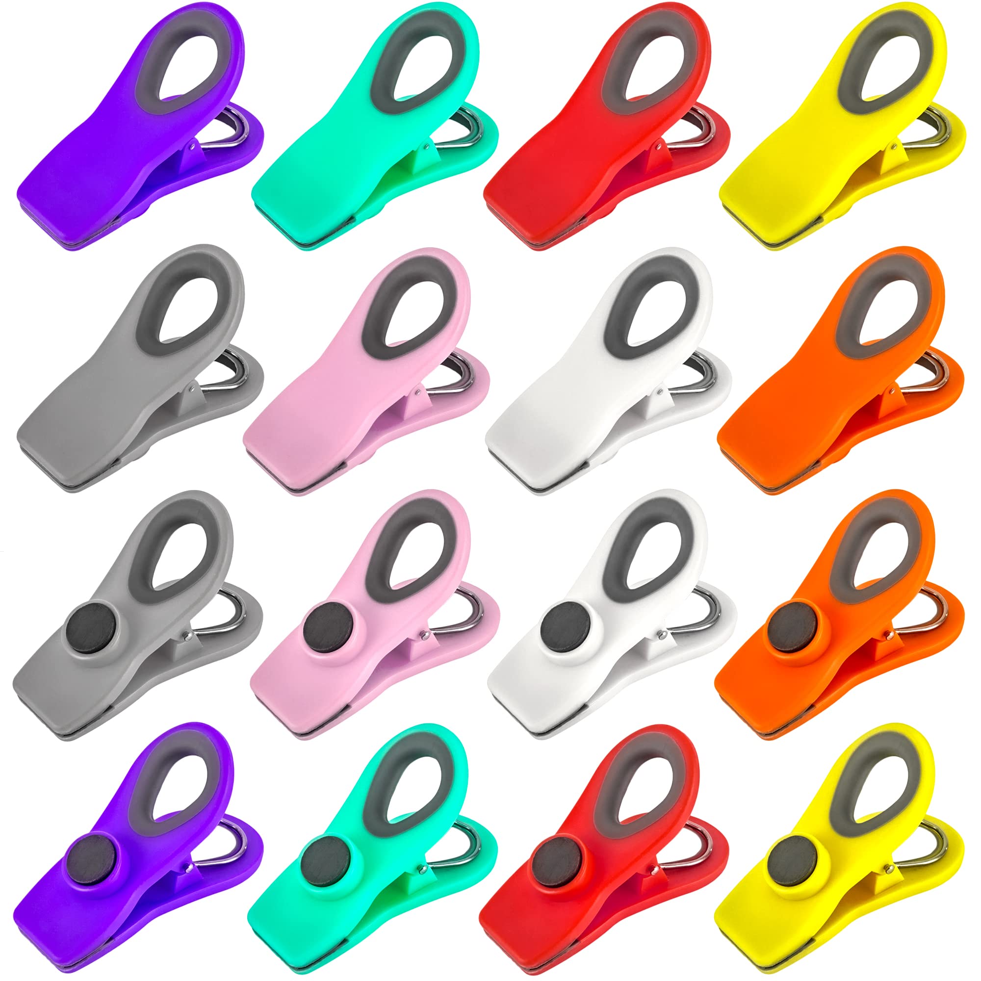NBTORCH 16 Pcs Bag Clips with Magnet - 8 Assorted Bright Colors Chip Clips Bag Clips Food Clips, Magnetic Clips, Plastic Clips for Bread Bags, Snack Bags, Food Packages (Opaque)